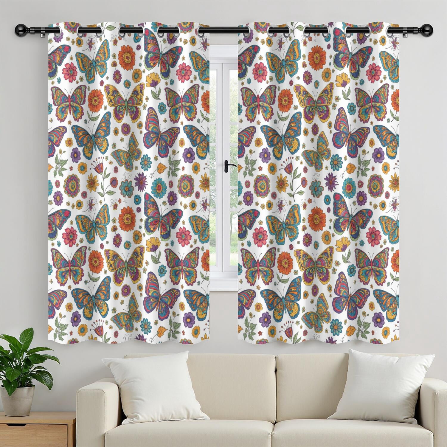 Butterfly and Flower Orange Pattern Blackout Curtains,Triple Weaved ...