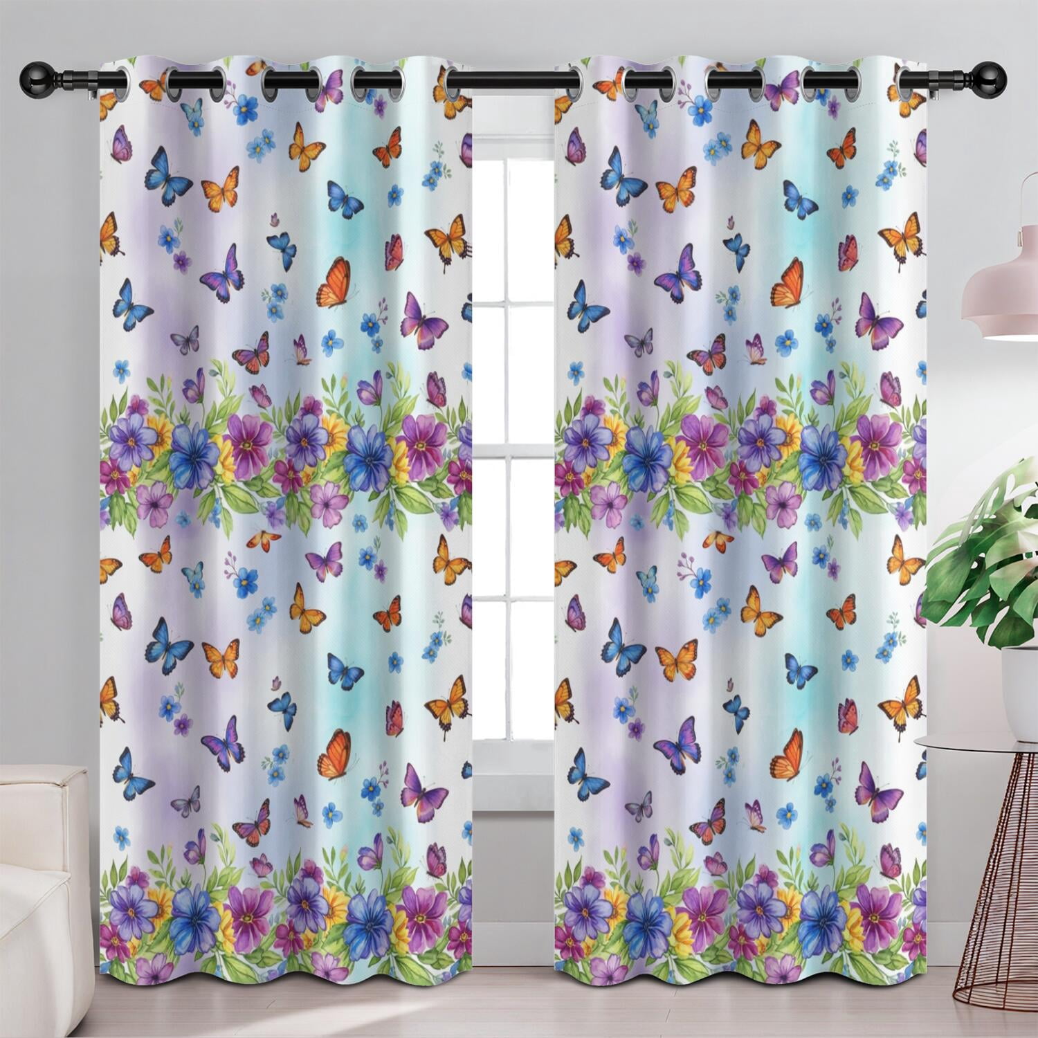 Butterfly and Flower Purple Pattern Blackout Curtains,Triple Weaved ...