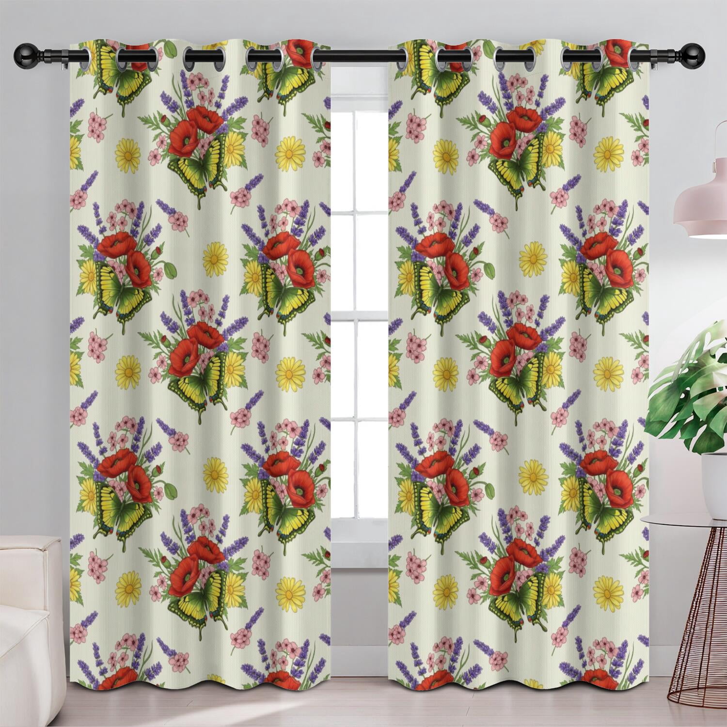 Butterfly and Flower Red Pattern Blackout Curtains,Triple Weaved Fabric ...