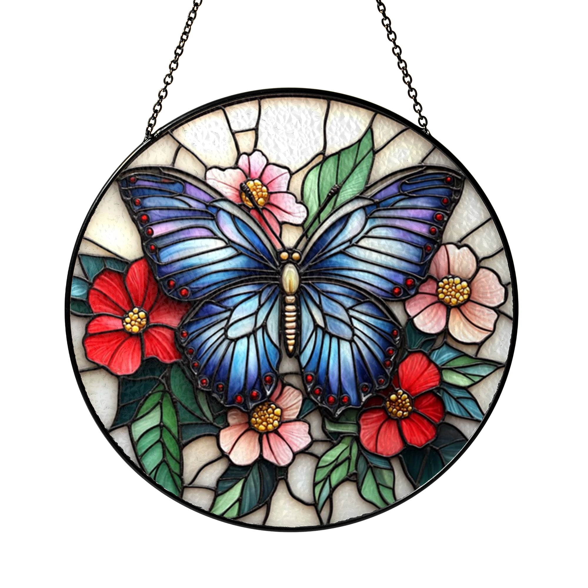 Butterfly and Flower Stained Glass Style Suncatcher – Round Window ...