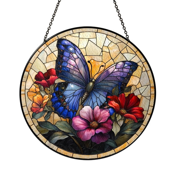 Butterfly and Flower Stained Glass Suncatcher Round Window Hanging ...