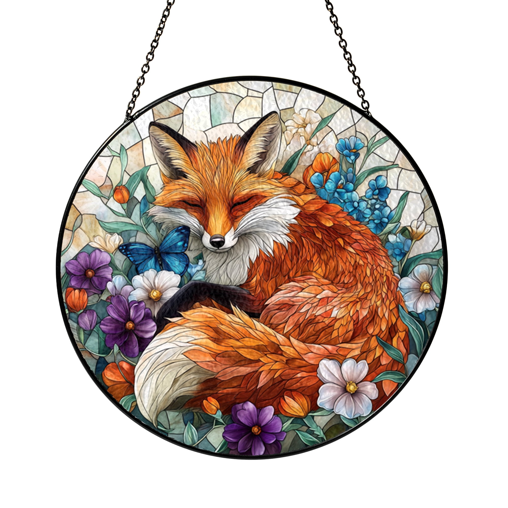 Butterfly and Fox Window Suncatcher, Faux Stained Glass Floral Panel ...
