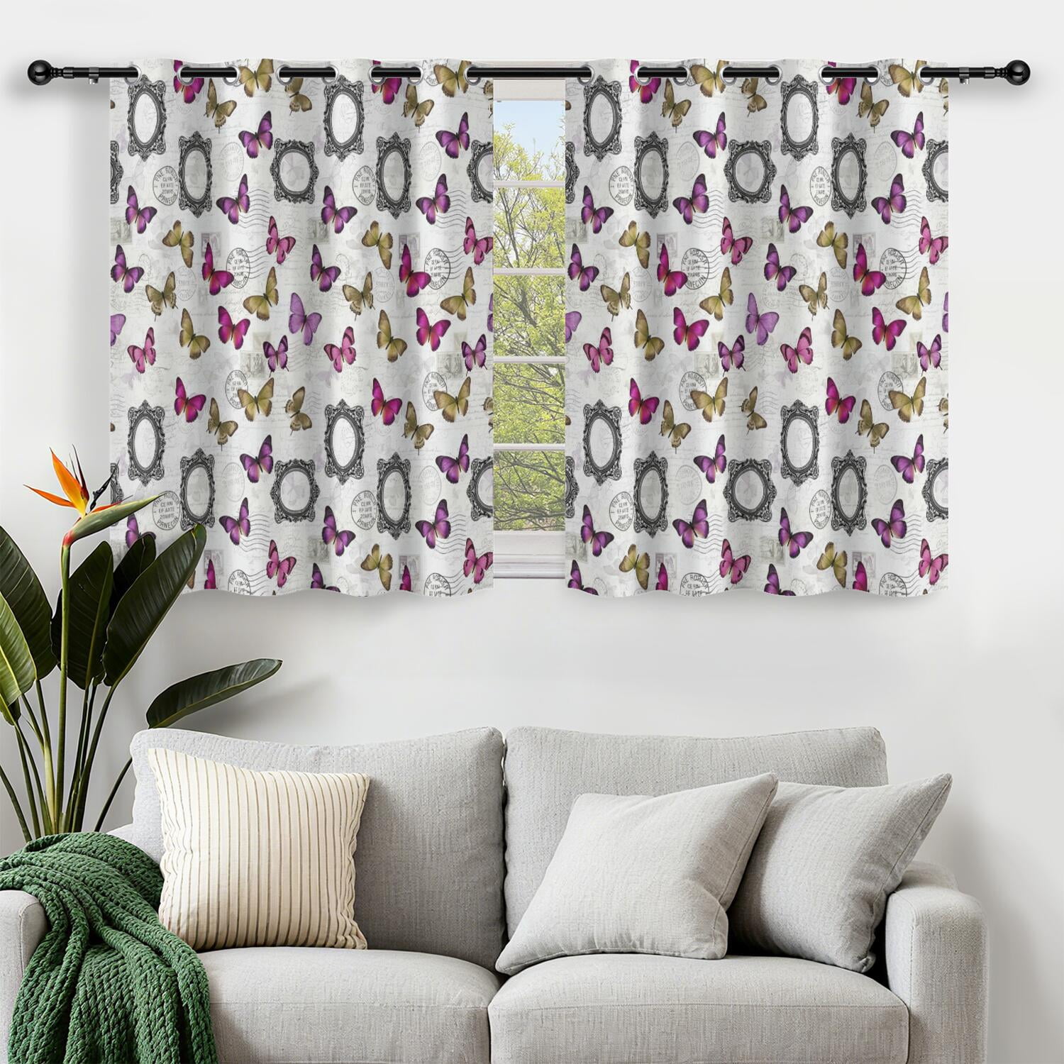 Butterfly and Frame Purple Pattern Blackout Curtains,Triple Weaved ...