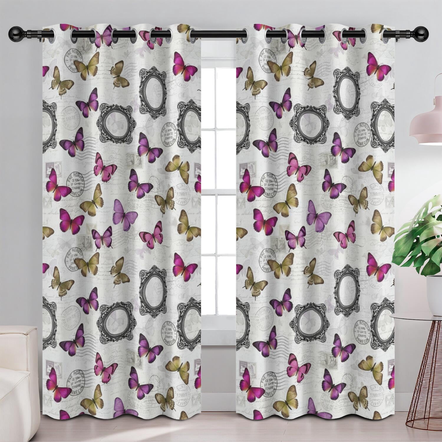 Butterfly and Frame Purple Pattern Blackout Curtains,Triple Weaved ...