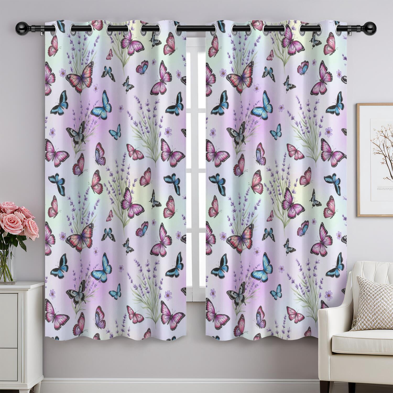 Butterfly and Lavender Pastel Pattern Blackout Curtains,Triple Weaved ...