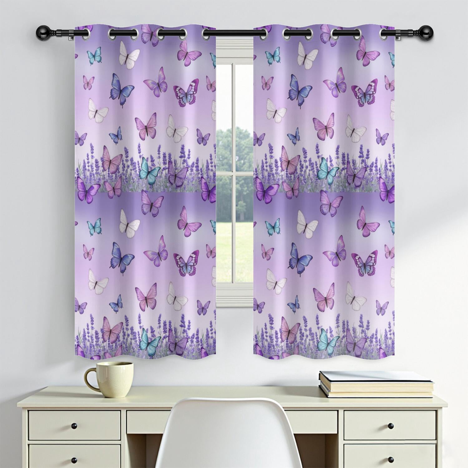 Butterfly and Lavender Purple Pattern Blackout Curtains,Triple Weaved ...