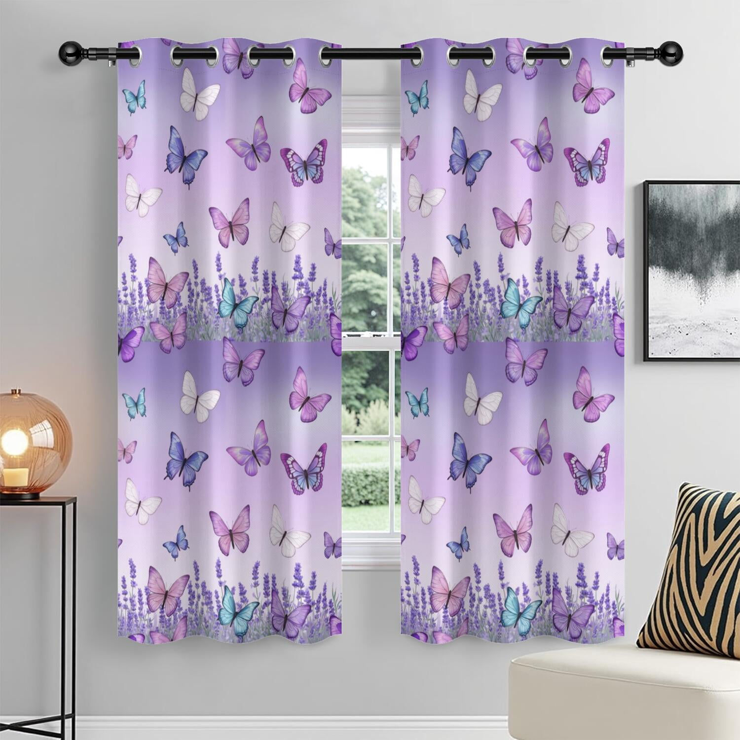 Butterfly and Lavender Purple Pattern Blackout Curtains,Triple Weaved ...