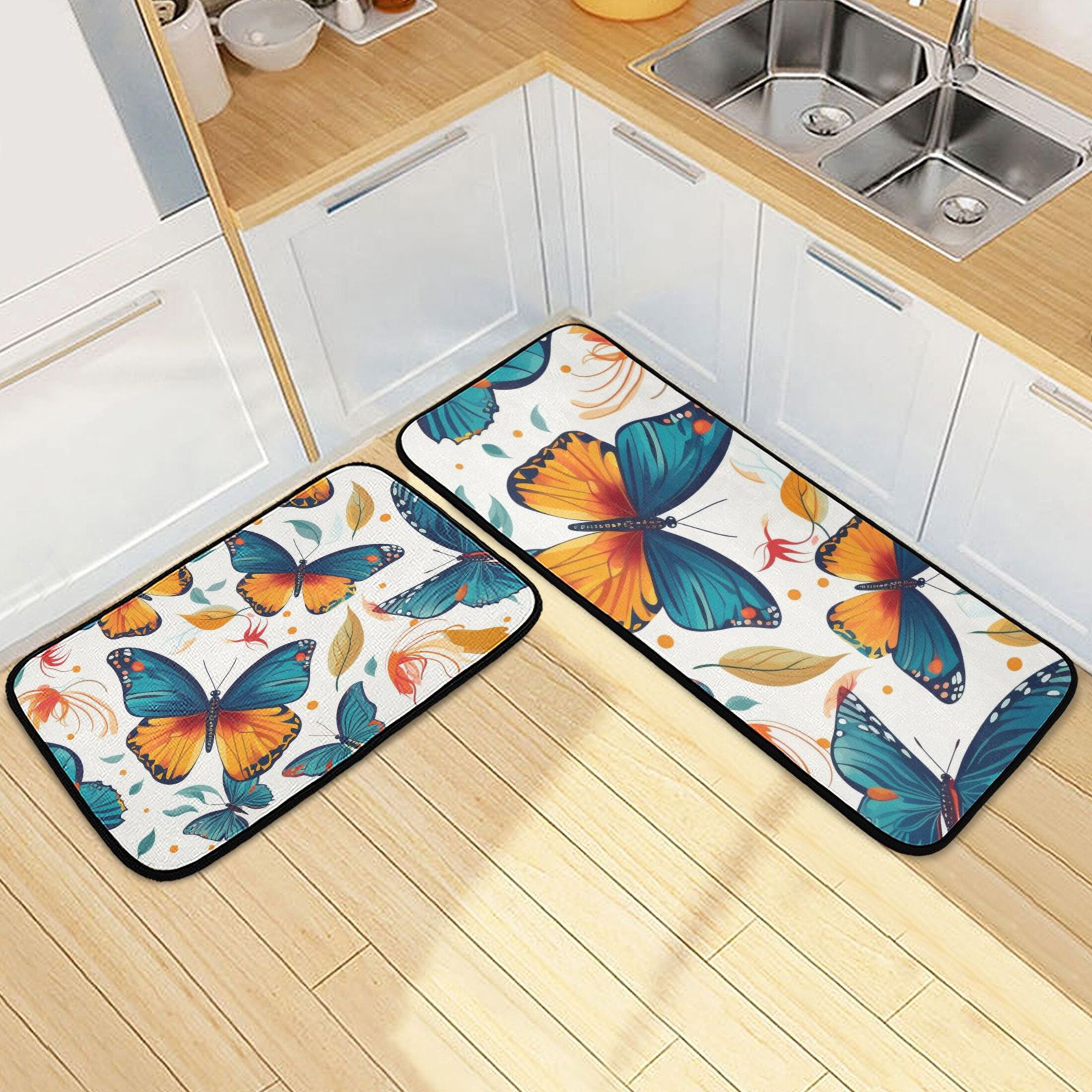 Butterfly and Leaf Kitchen Rugs Set of 2 Non Slip Floor Foam Mat ...