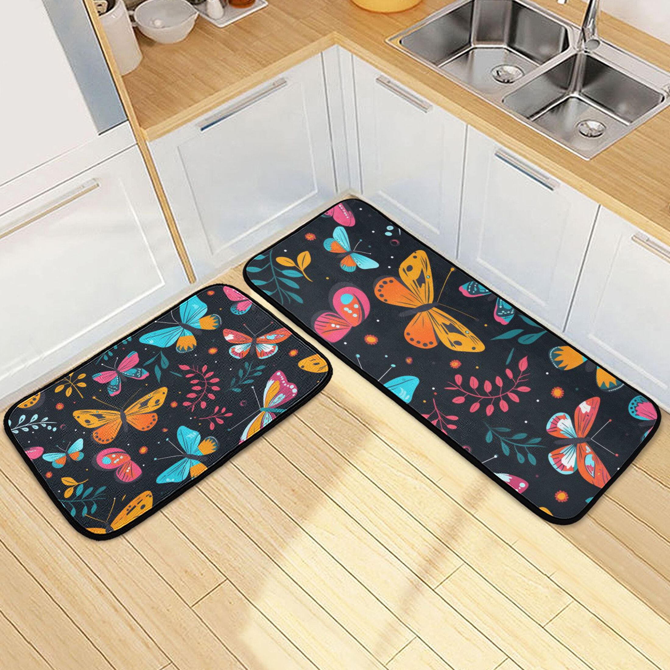 Butterfly and Leaf Kitchen Rugs Set of 2 Non Slip Floor Foam Mat ...