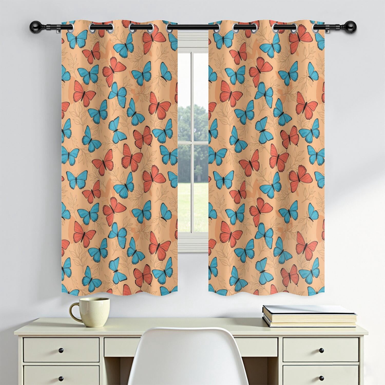 Butterfly and Leaf Red Pattern Blackout Curtains,Triple Weaved Fabric ...