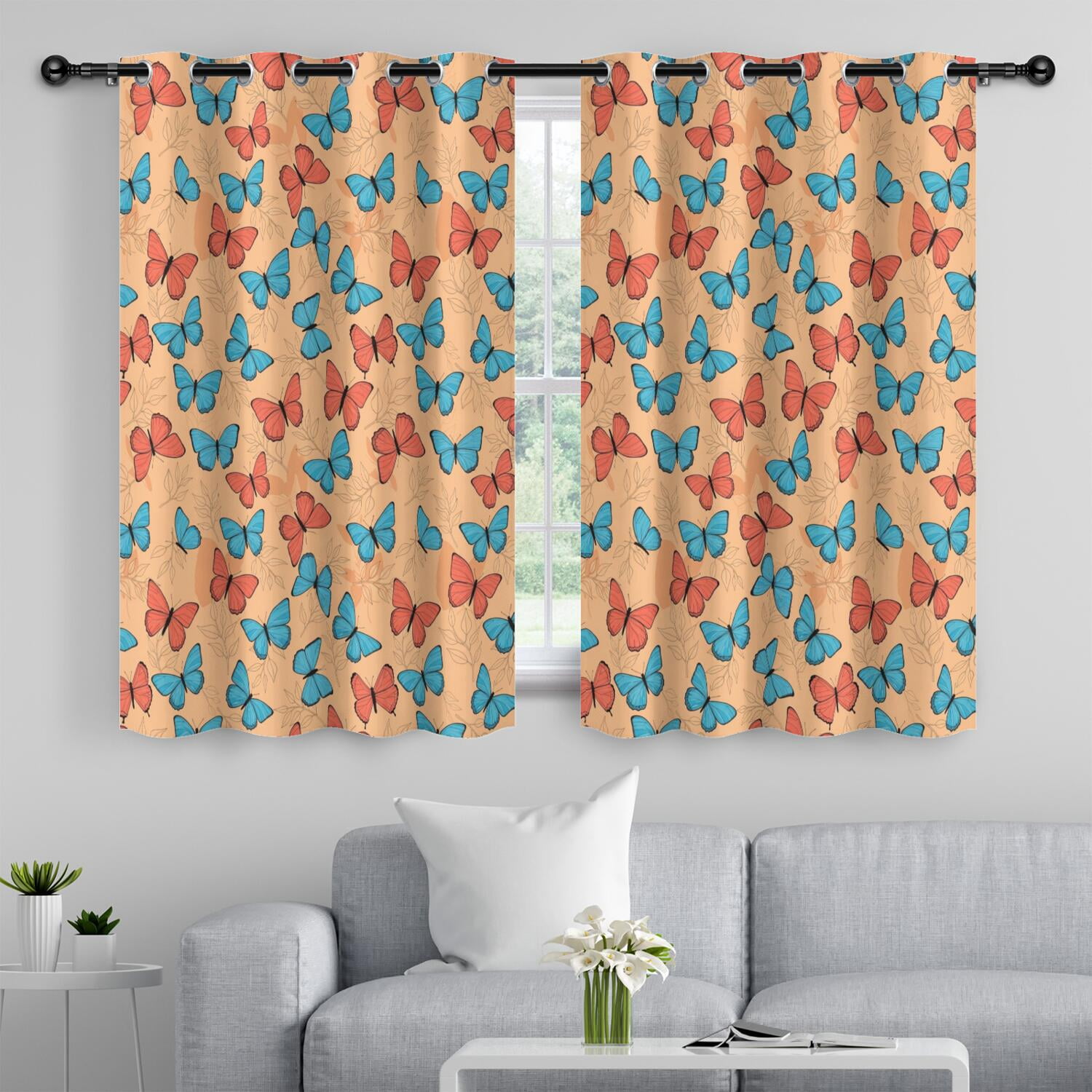Butterfly and Leaf Red Pattern Blackout Curtains,Triple Weaved Fabric ...