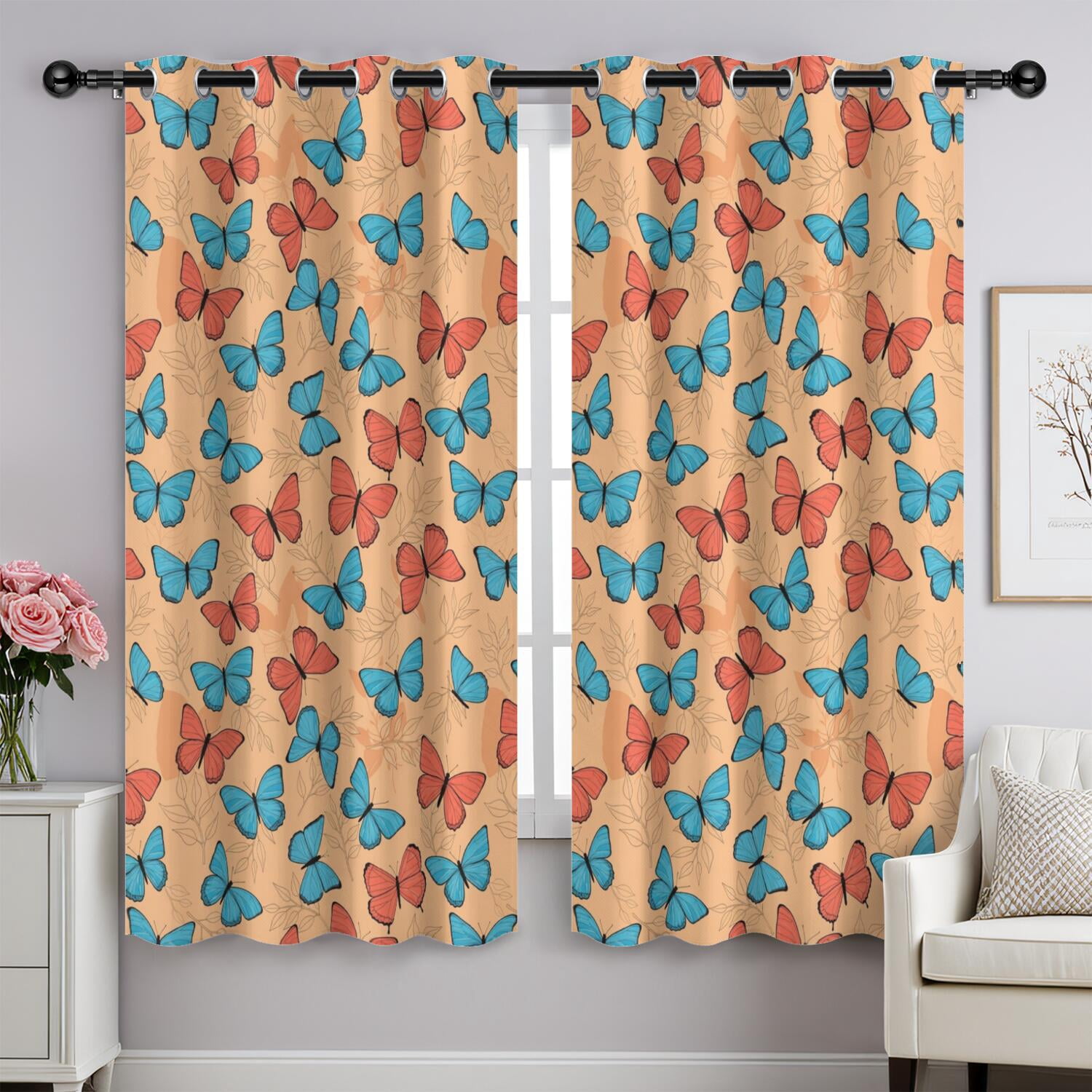 Butterfly and Leaf Red Pattern Blackout Curtains,Triple Weaved Fabric ...