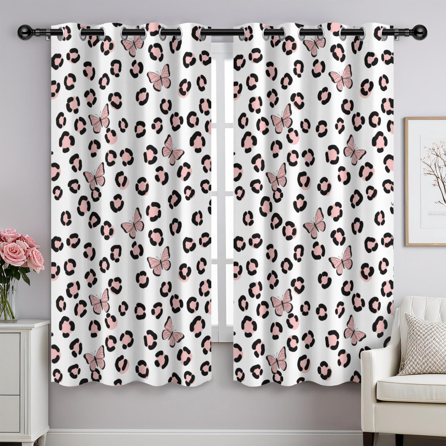 Butterfly and Leopard Pink Pattern Blackout Curtains,Triple Weaved ...