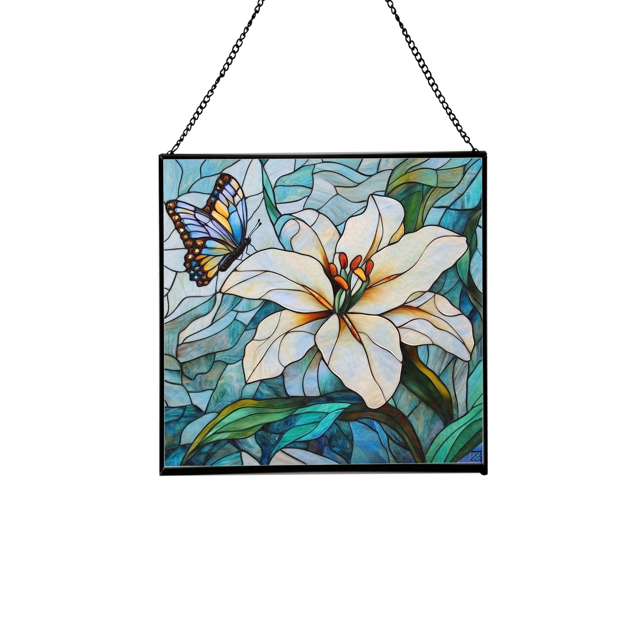 Butterfly and Lily Flower Stained Glass Panels – Square Shaped Window ...