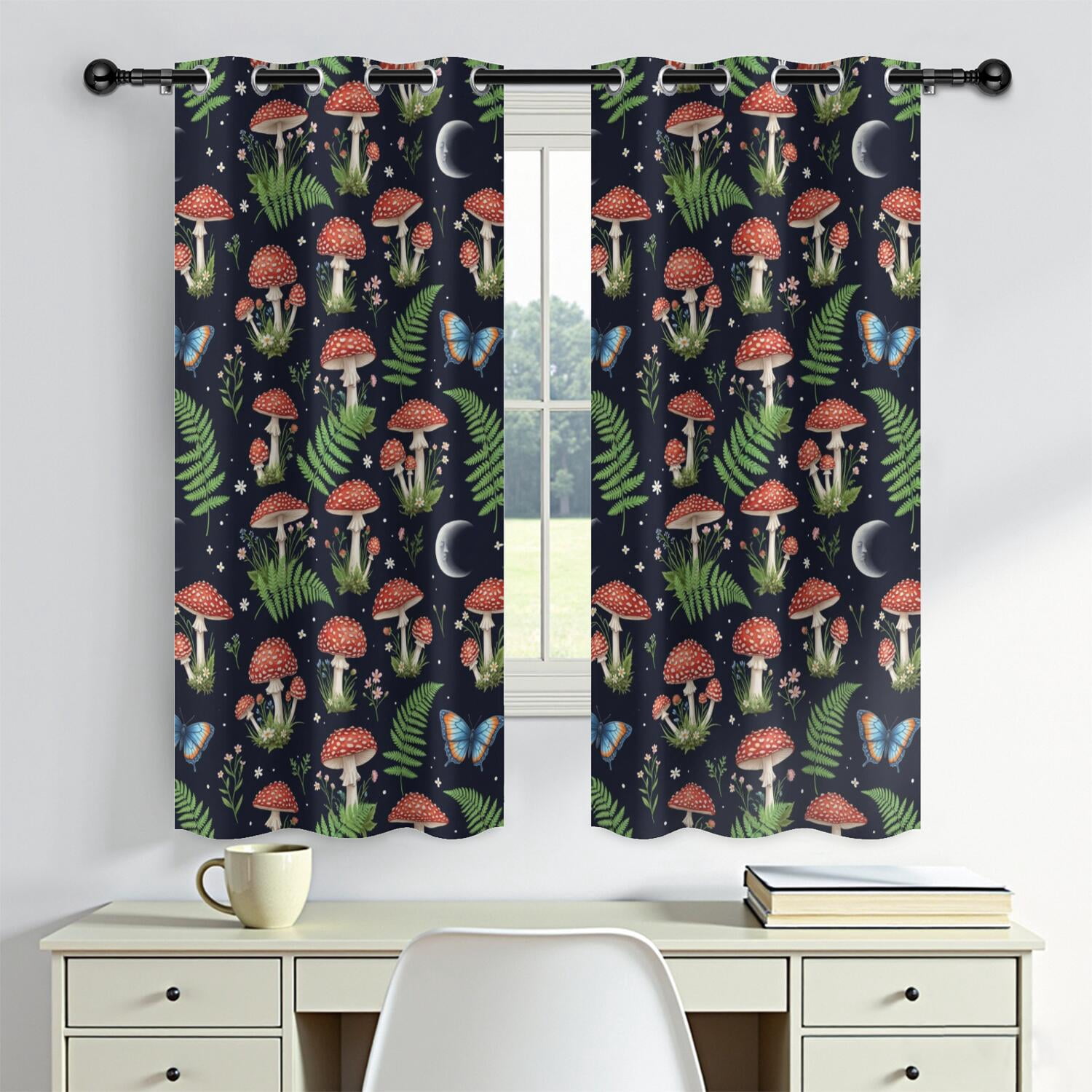Butterfly and Mushroom Red Pattern Blackout Curtains,Triple Weaved ...