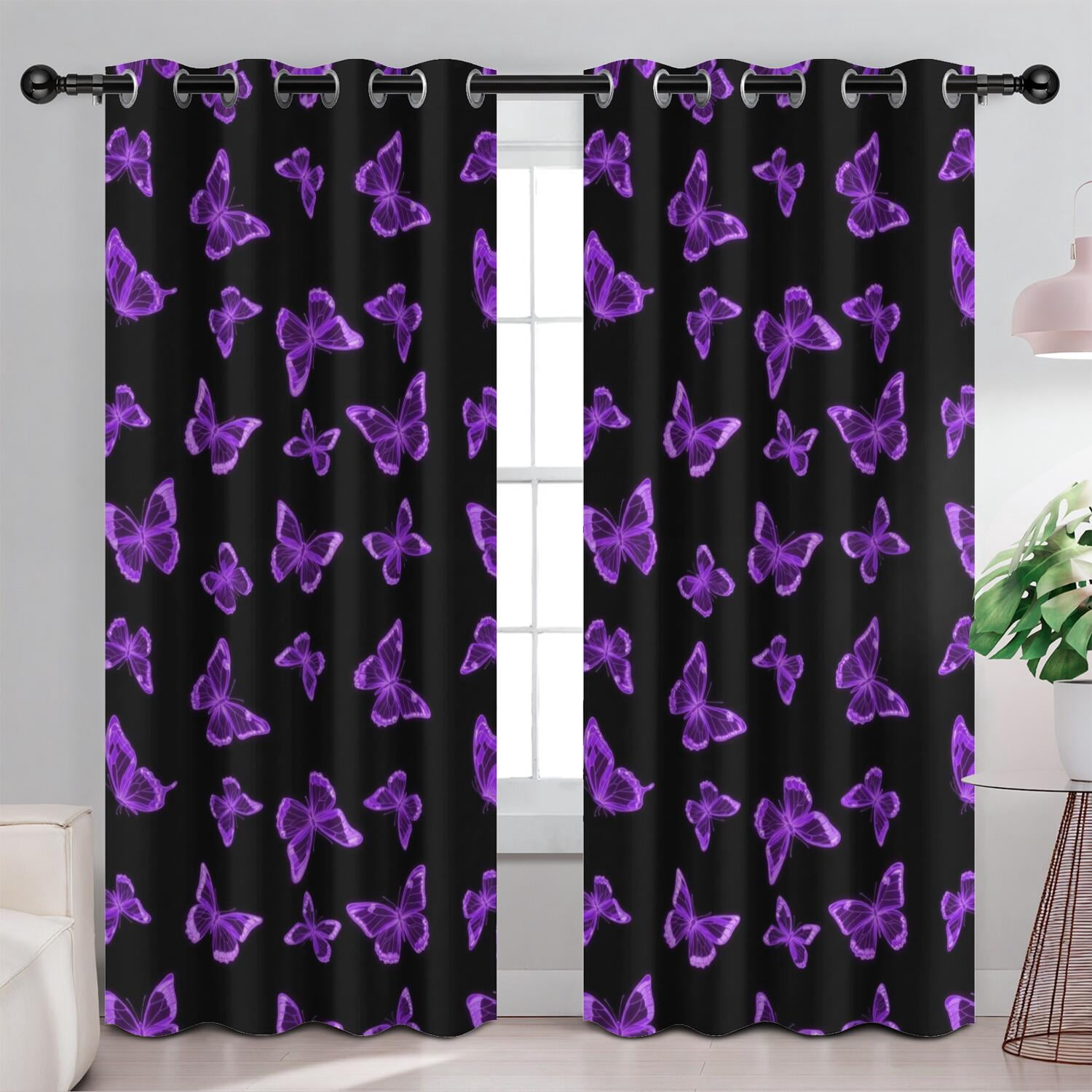 Butterfly and Neon Purple Pattern Blackout Curtains,Triple Weaved ...