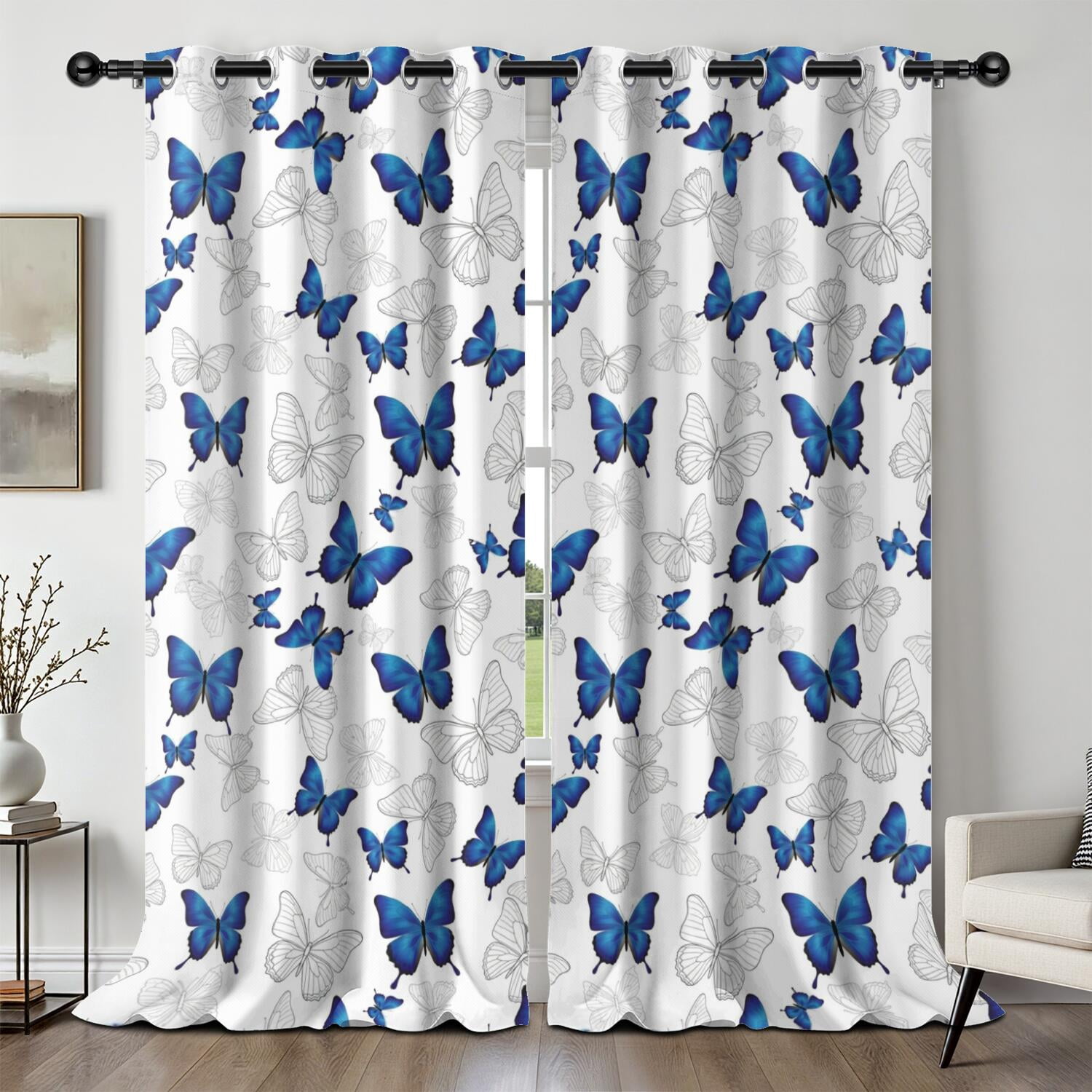 Butterfly and Outline Blue Pattern Blackout Curtains,Triple Weaved ...