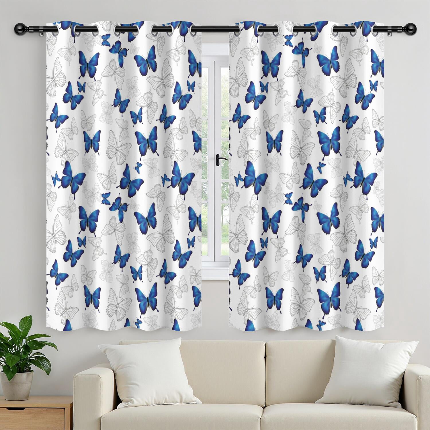 Butterfly and Outline Blue Pattern Blackout Curtains,Triple Weaved ...