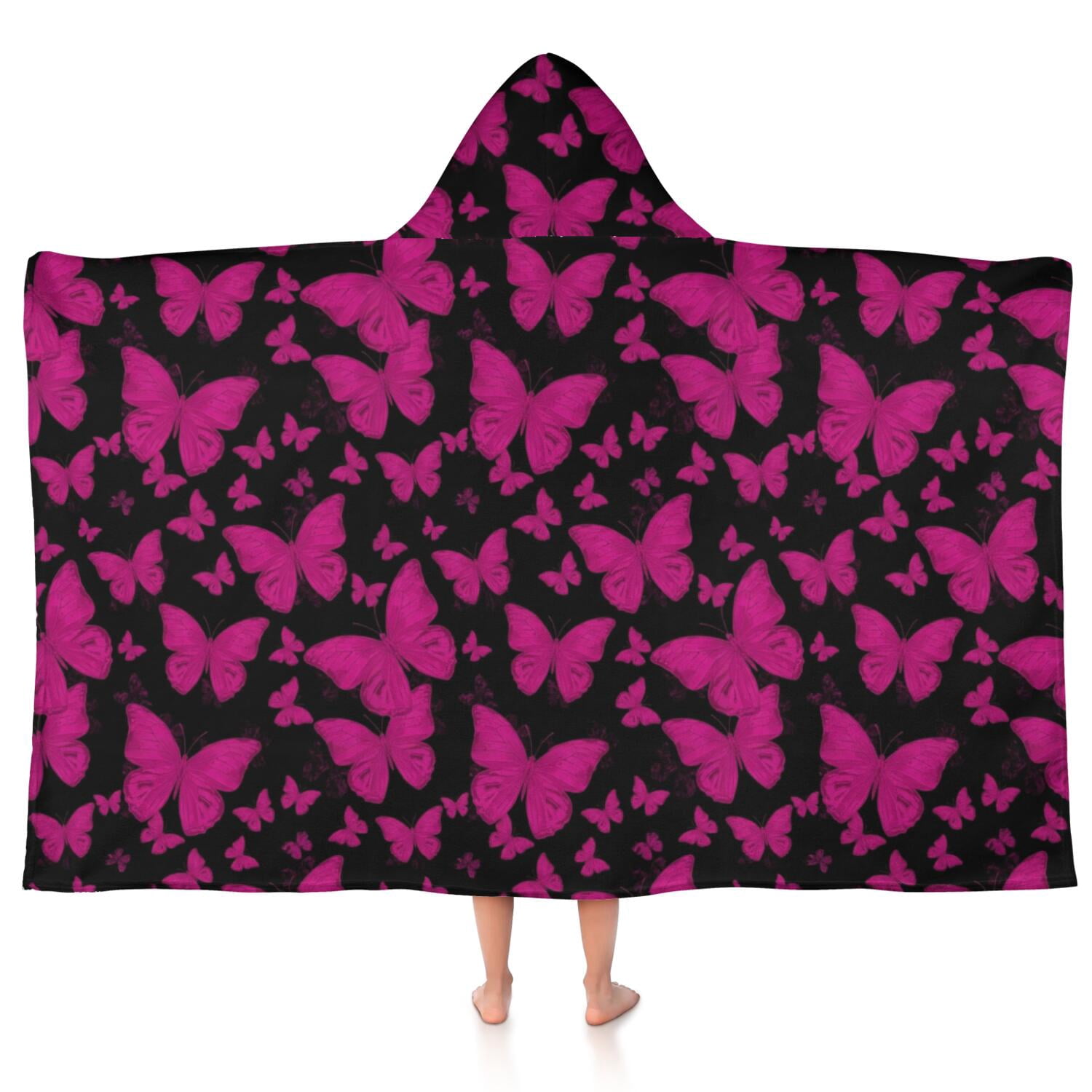 Butterfly and Pink Black Pattern Teens Hooded Bath Towel Wrap for Ages ...