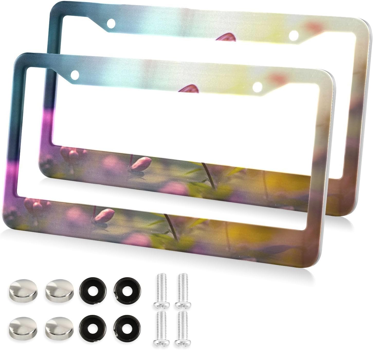 Butterfly and Pink Flower License Plate Frame, Aluminum Car Tag Frames ...