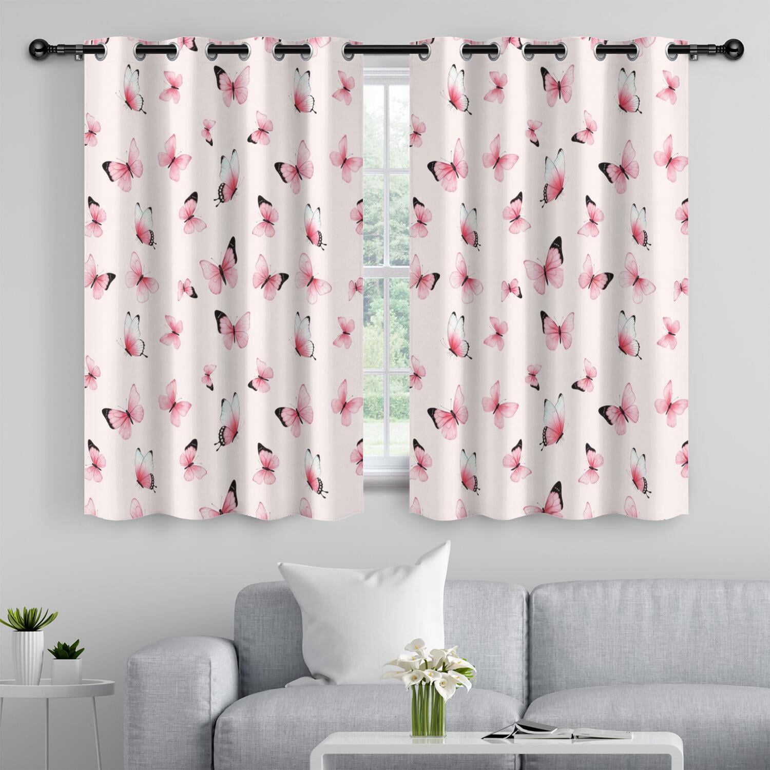 Butterfly and Pink White Pattern Blackout Curtains,Triple Weaved Fabric ...