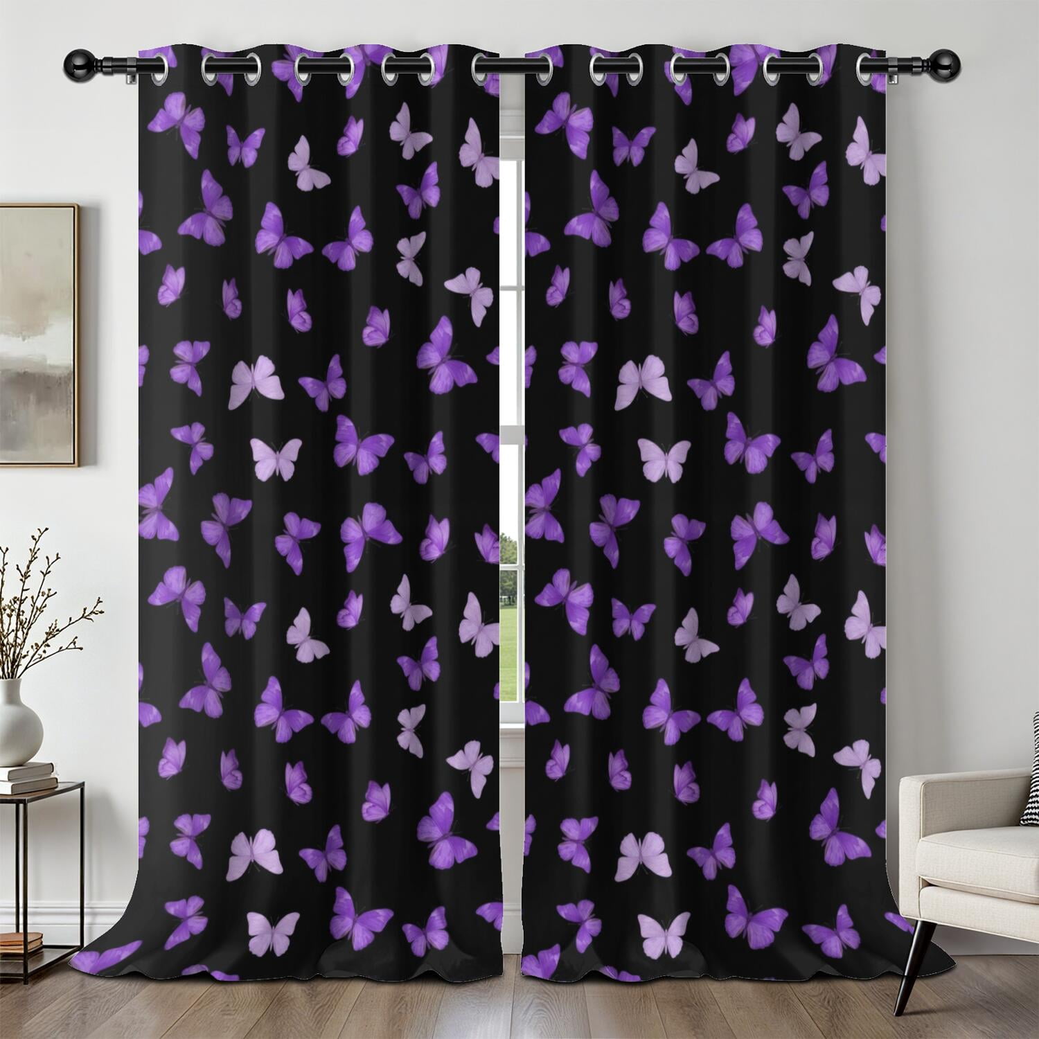 Butterfly and Purple Black Pattern Blackout Curtains,Triple Weaved ...