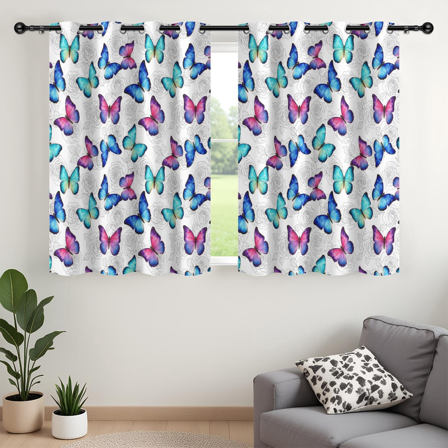 Butterfly and Rose Blue Pattern Blackout Curtains,Triple Weaved Fabric ...