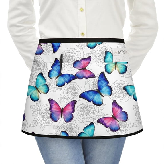 Butterfly and Rose Blue Pattern Server Half Apron with Pockets,22.8 X ...