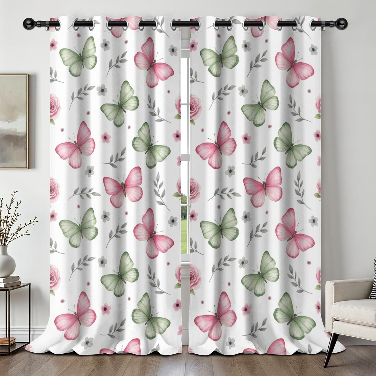 Butterfly and Rose Green Pattern Blackout Curtains,Triple Weaved Fabric ...