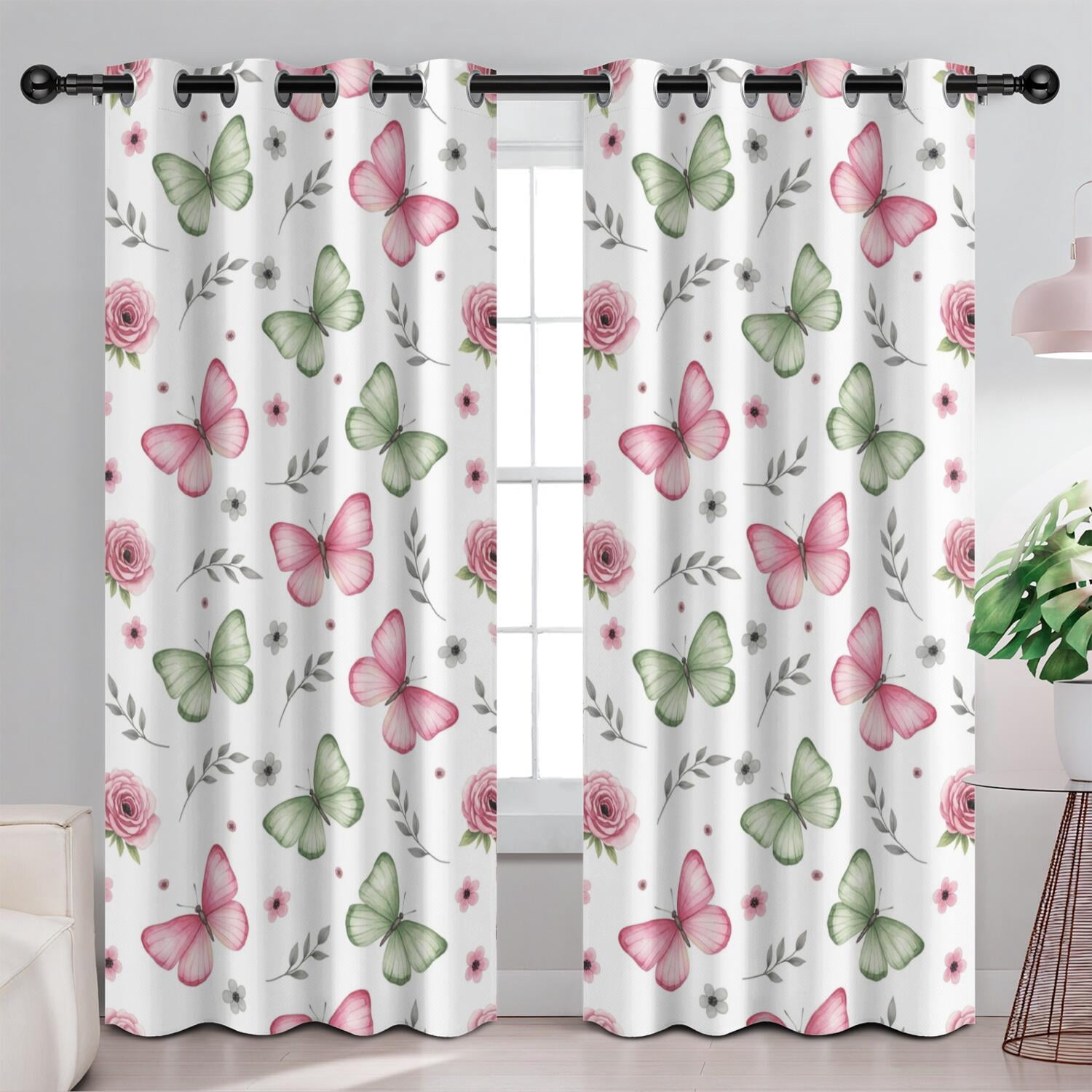 Butterfly and Rose Green Pattern Blackout Curtains,Triple Weaved Fabric ...