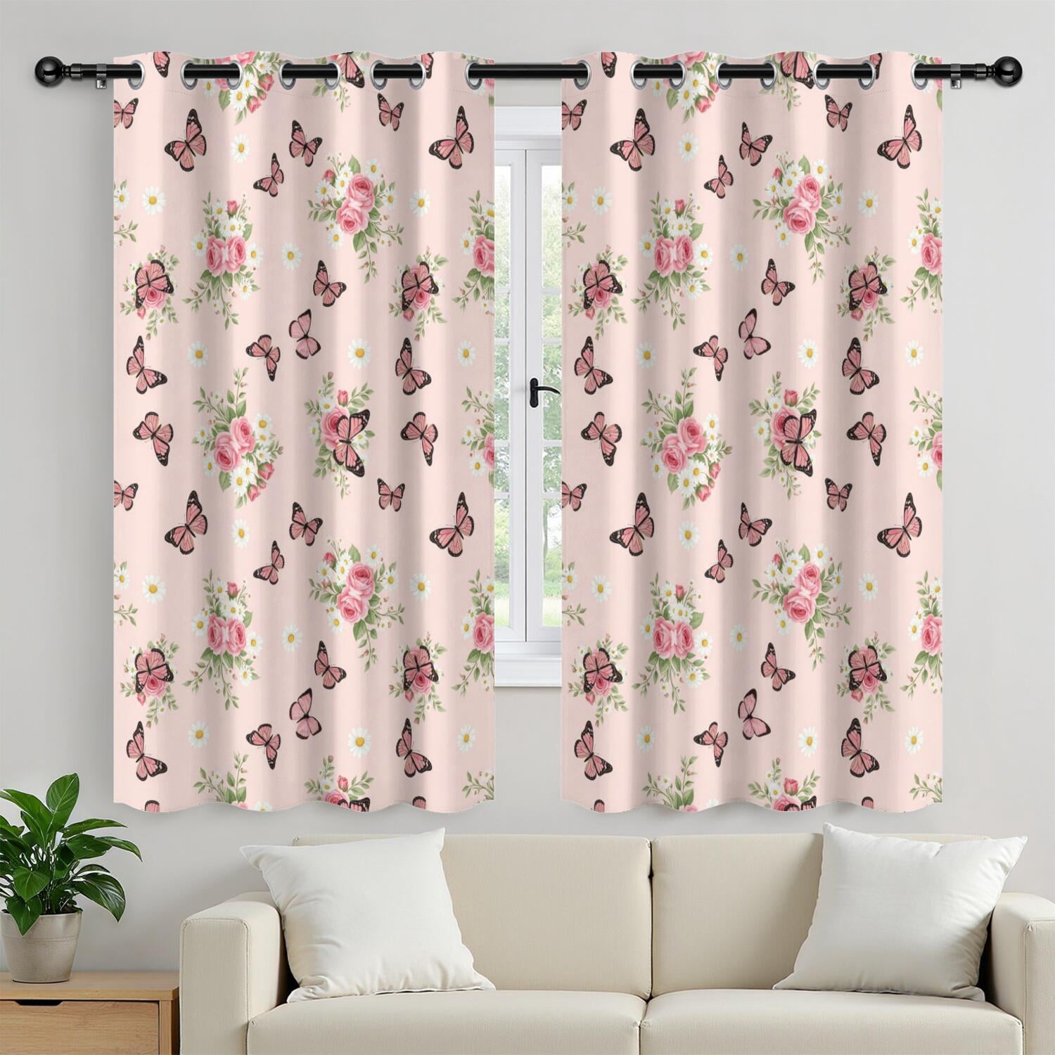 Butterfly and Rose Pink Pattern Blackout Curtains,Triple Weaved Fabric ...