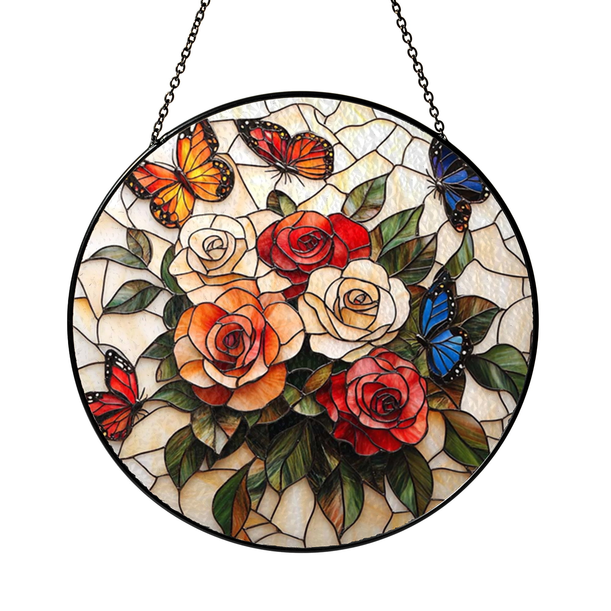 Butterfly and Rose Stained Glass Style Suncatcher, Floral Decorative ...