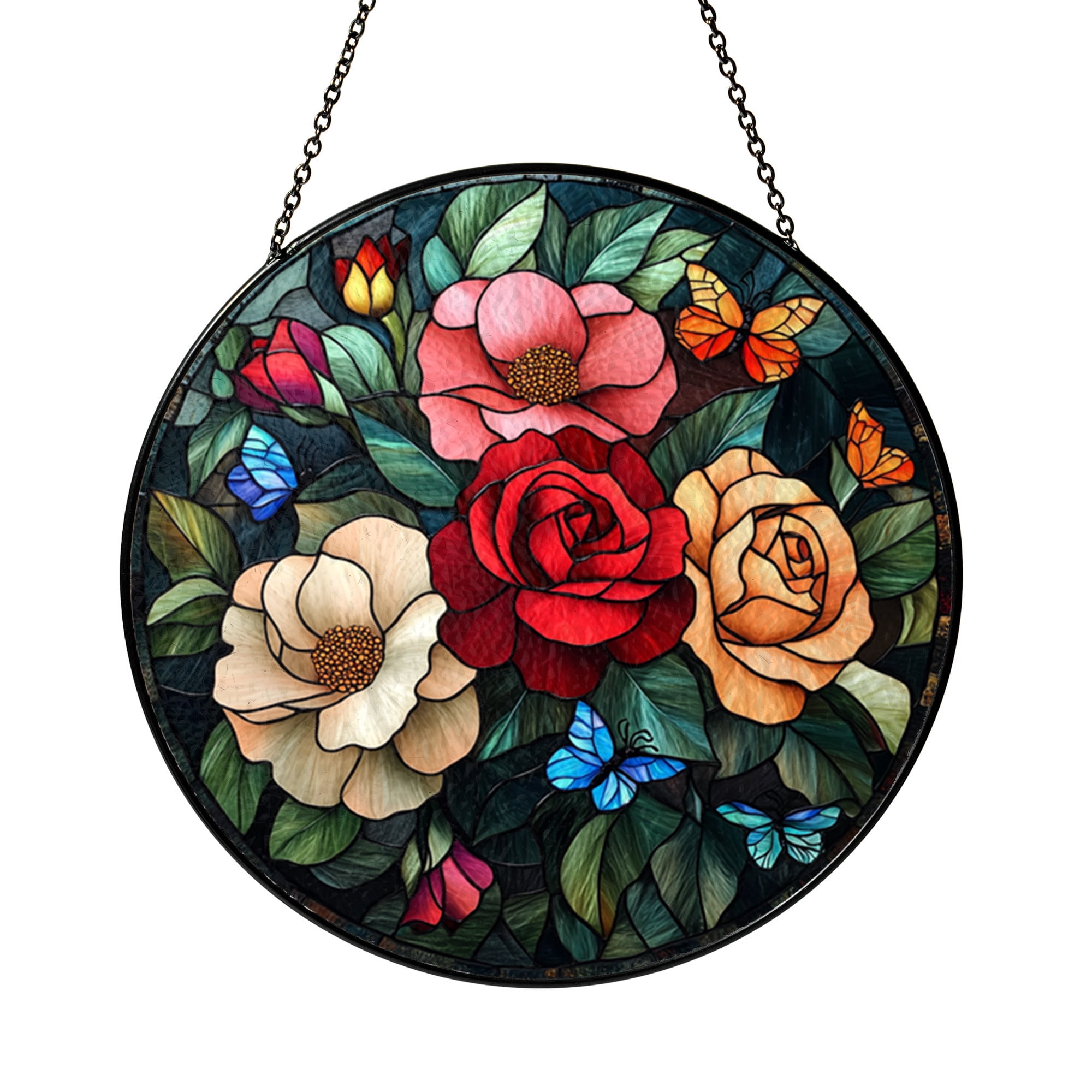Butterfly and Rose Stained Glass Style Suncatcher Floral Window Art ...