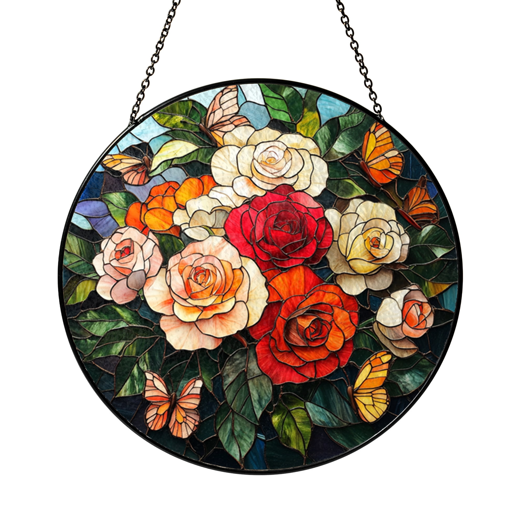 Butterfly and Rose Stained Glass Suncatcher Floral Window Art Hanging ...