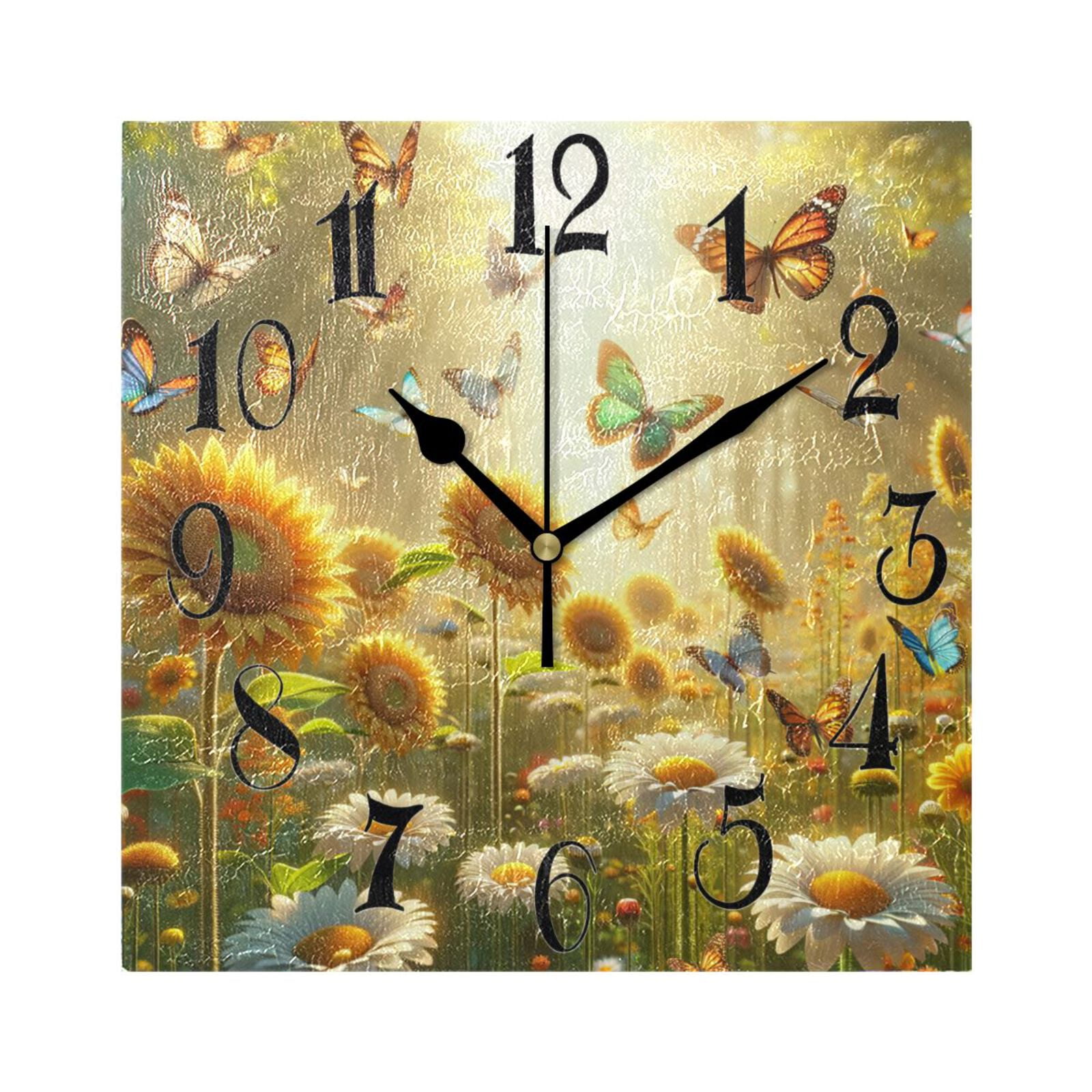 Butterfly and Sunflower Daisy Wall Clock Decorative Square Silent Non ...