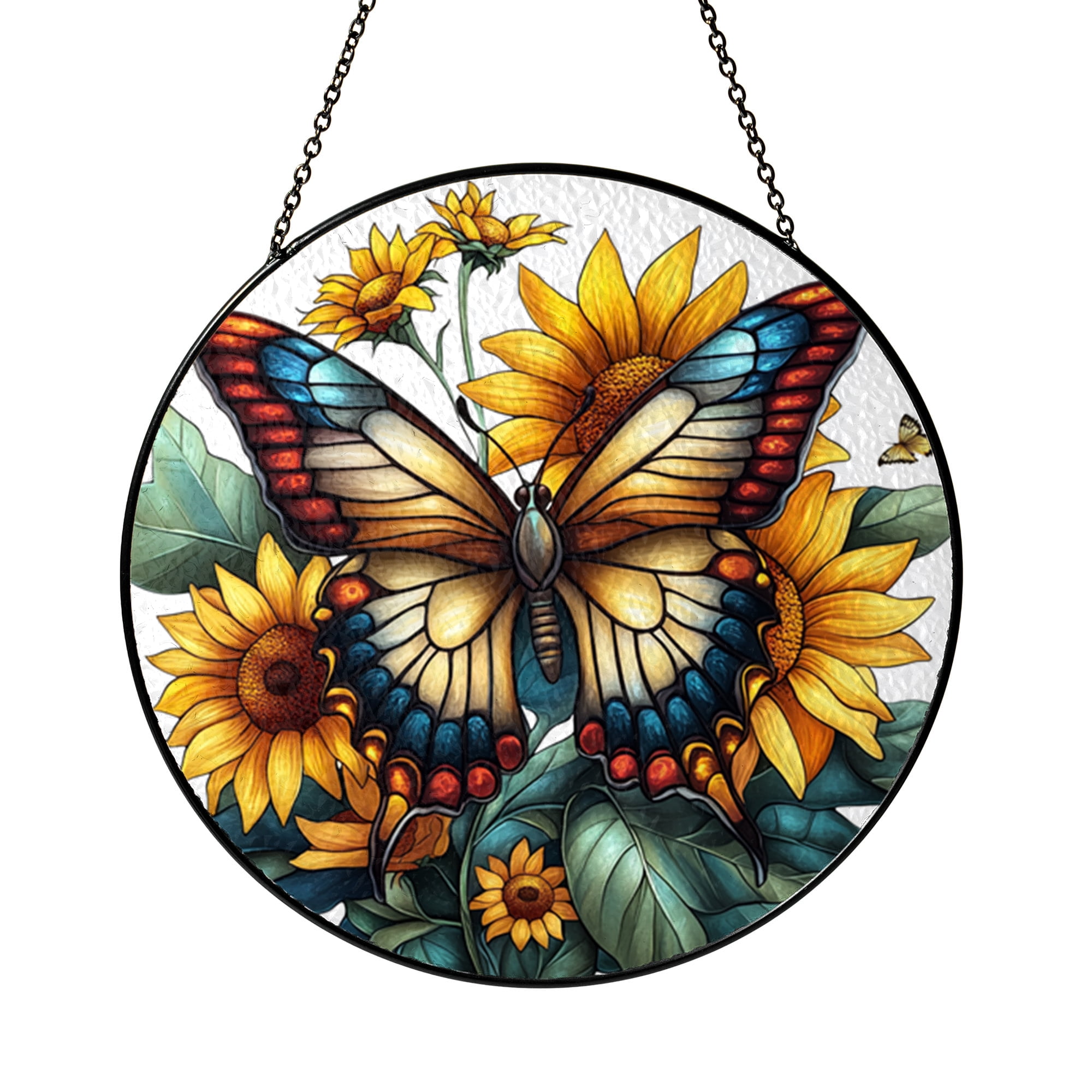 Butterfly and Sunflower Round Glass Suncatcher – Nature Inspired Window ...