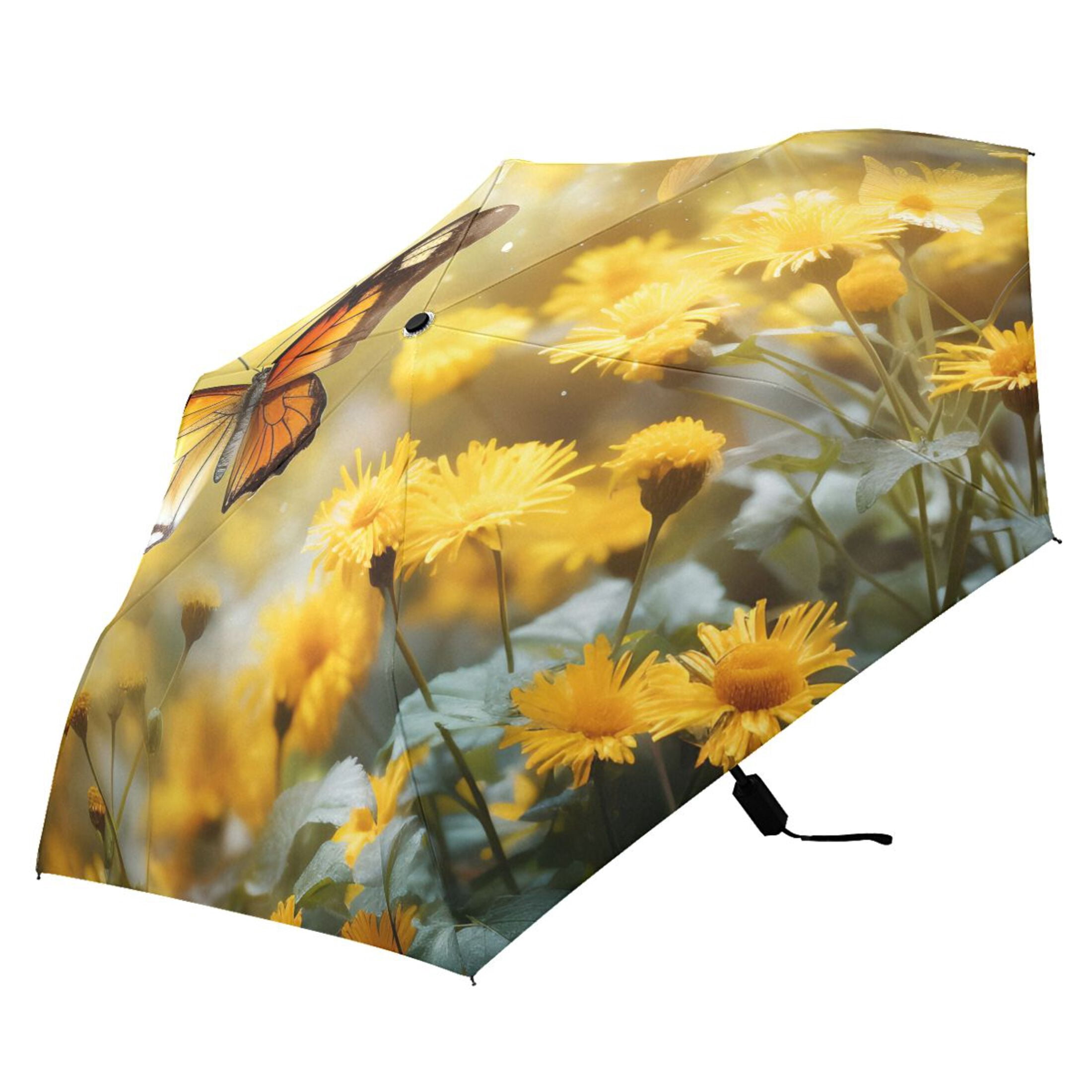 Butterfly and Sunflowers Compact Folding Umbrella for Rain Windproof ...