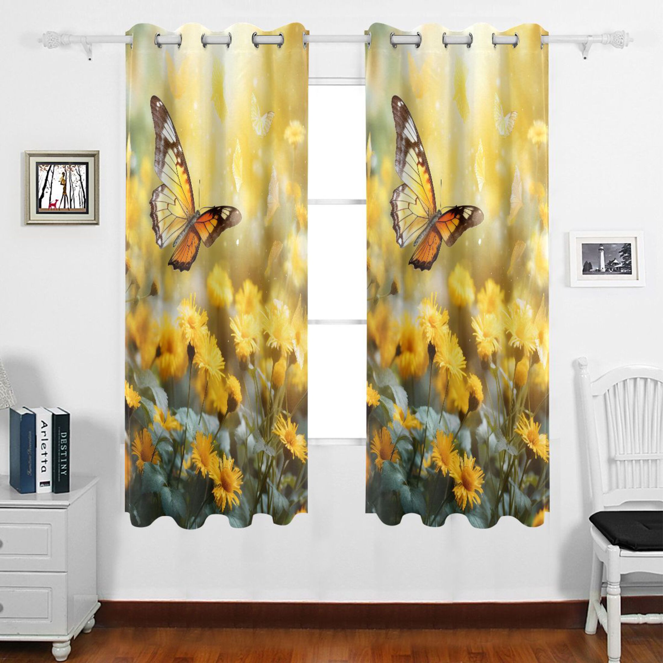 Butterfly and Sunflowers Grommet Blackout Curtains Thermal Insulated Window Curtain Sets for ...