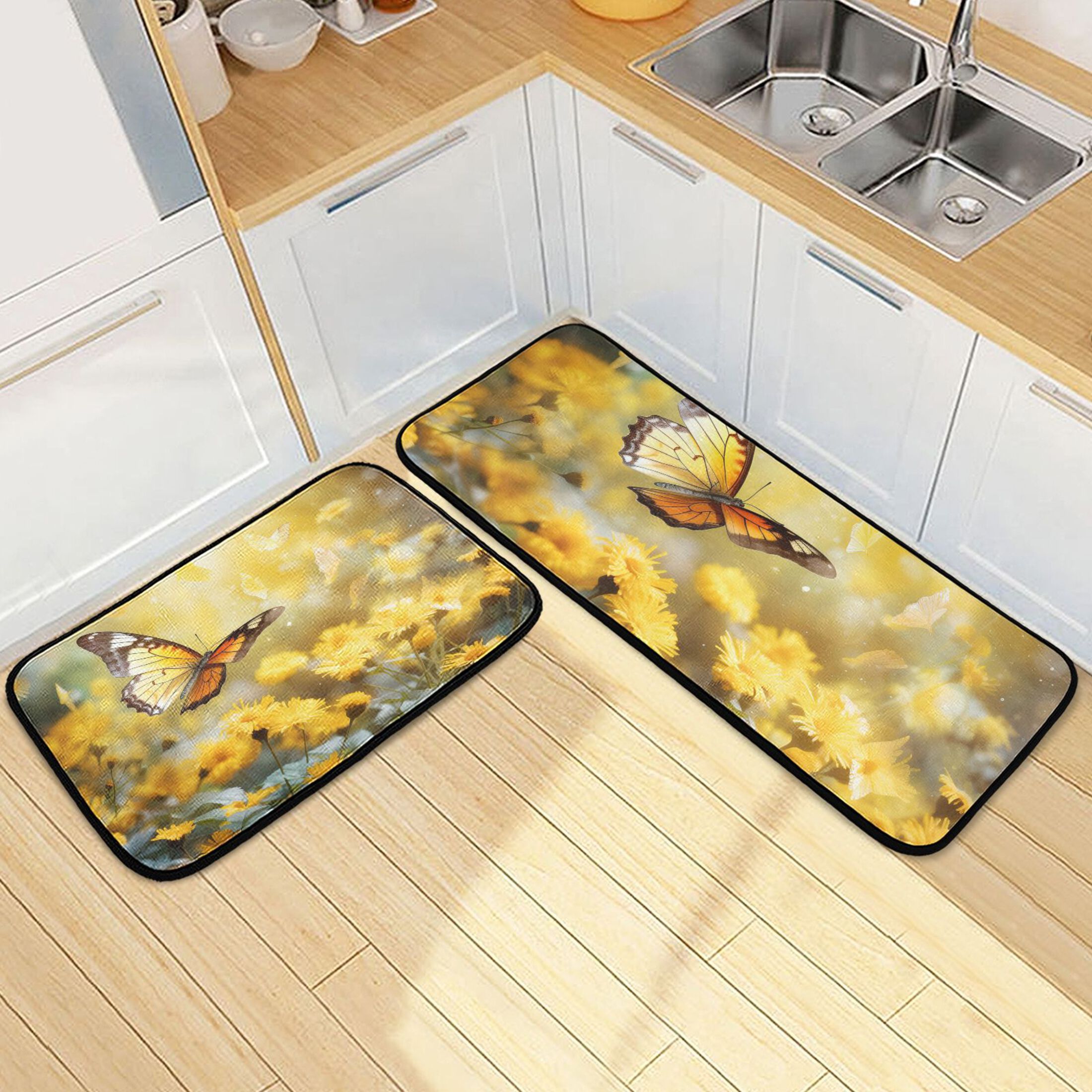 Butterfly and Sunflowers Kitchen Rugs Set of 2 Non Slip Floor Foam Mat ...