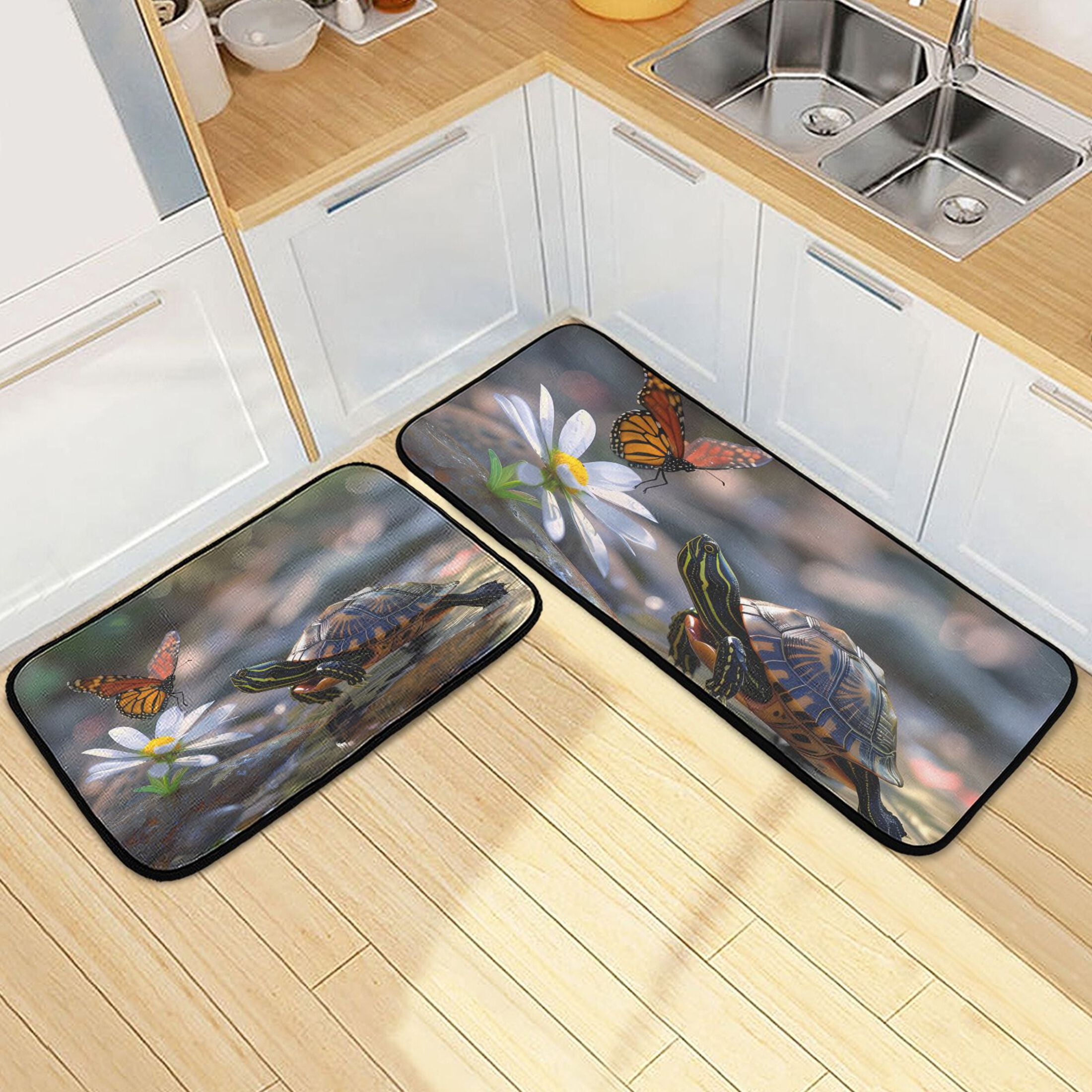 Butterfly and Turtle Kitchen Rugs Set of 2 Non Slip Floor Foam Mat ...