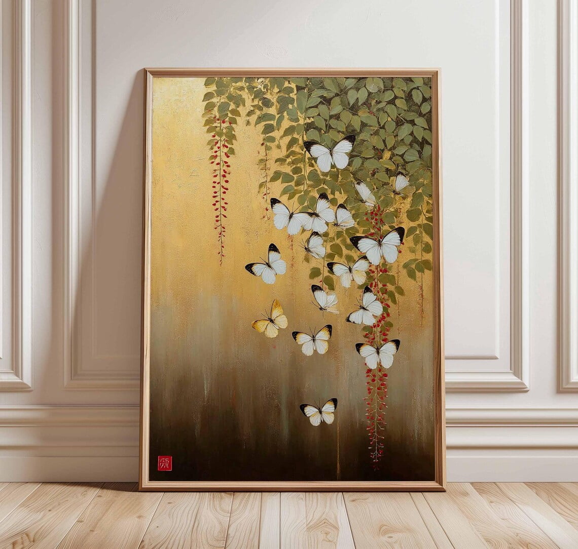 Butterfly and Wisteria Poster Gold Botanical Asian Inspired Decor ...