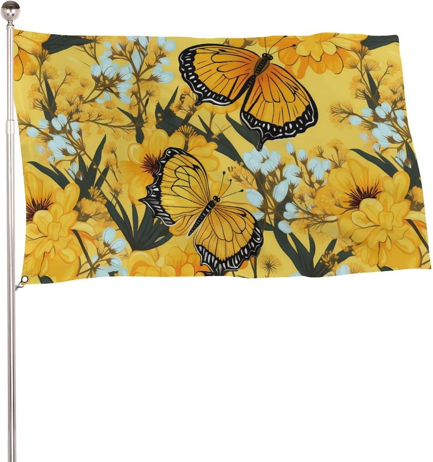 Butterfly and Yellow Flowers Printed Flag with 2 Brass Grommets Banner ...