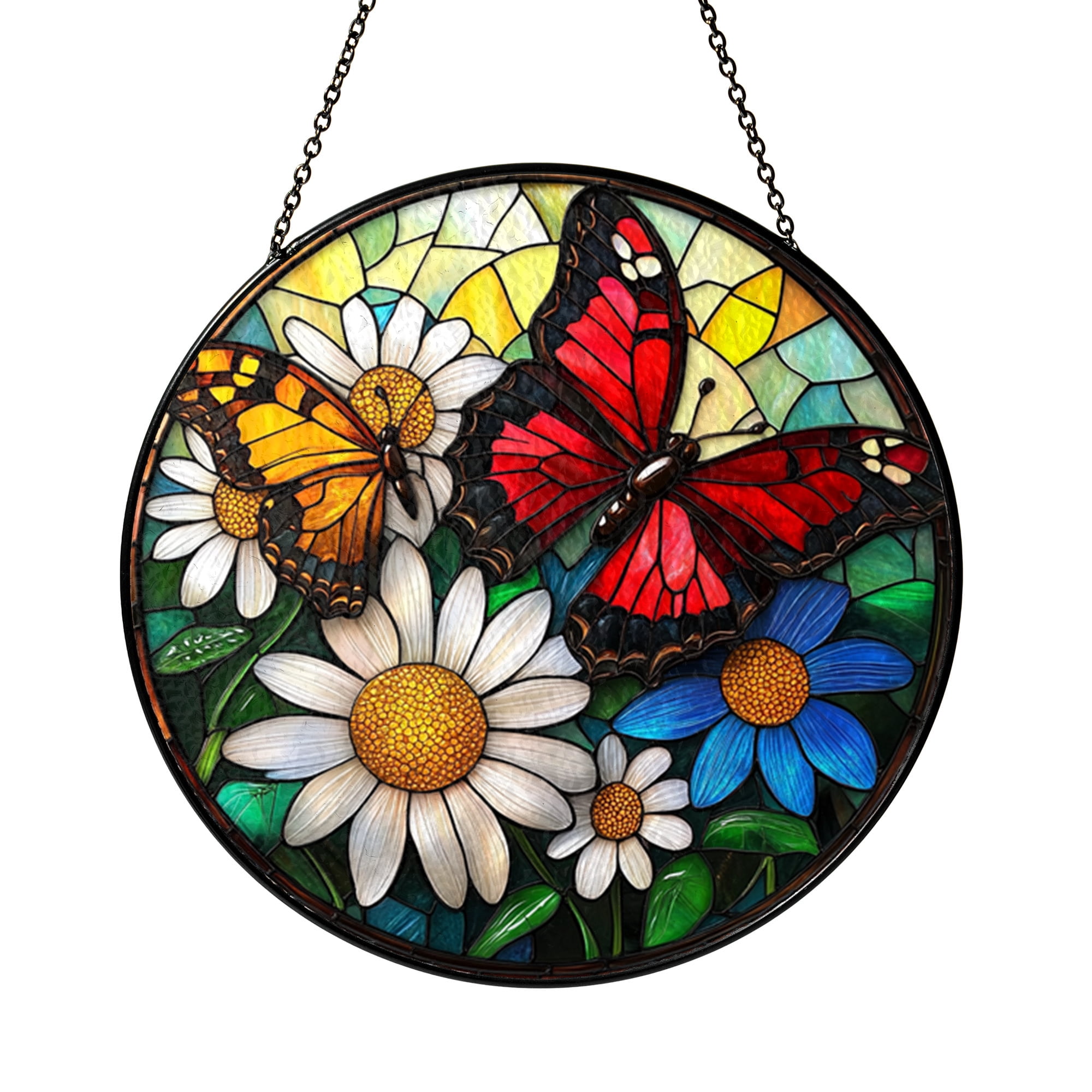 Butterfly and bloom stained style panel, colorful window hanging for ...