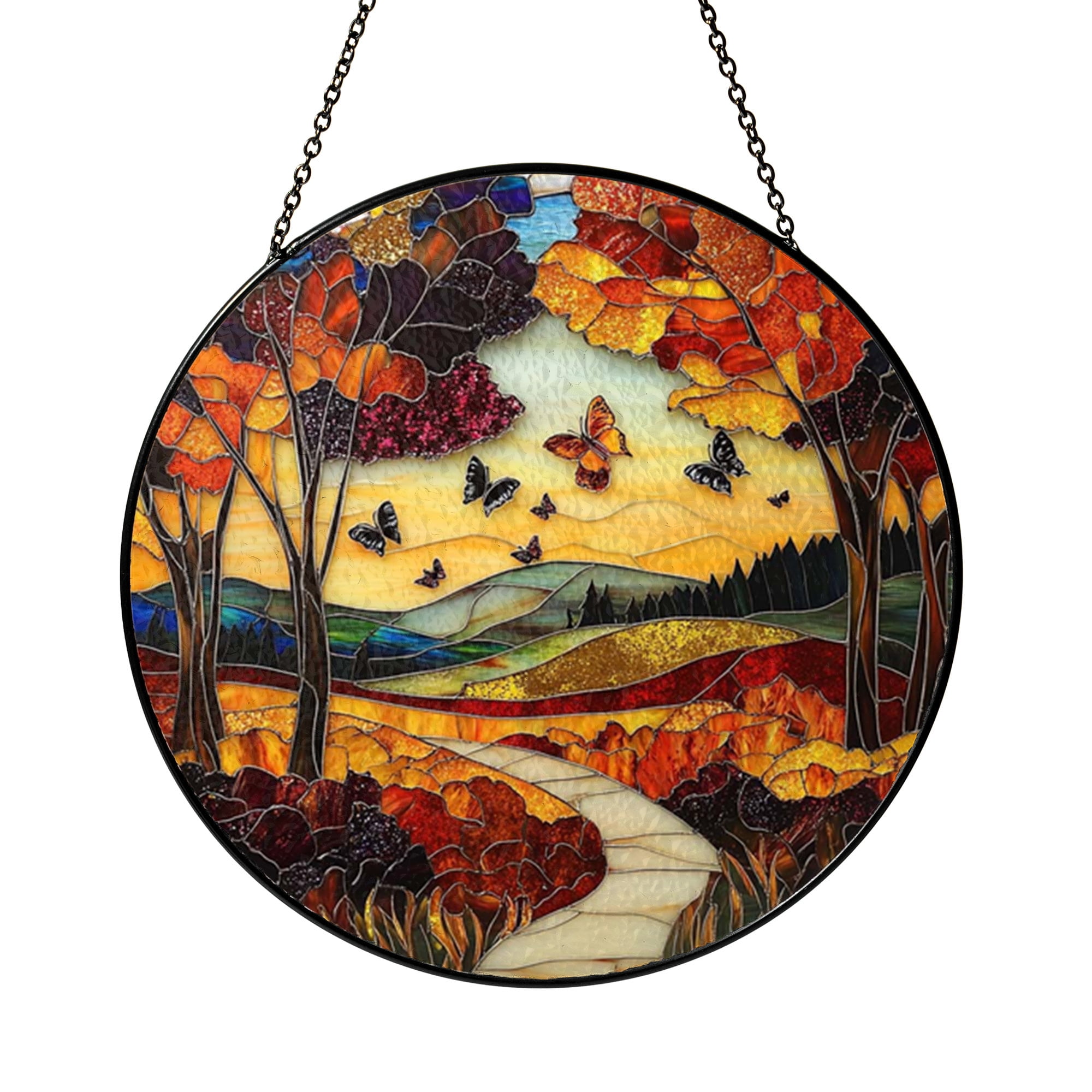 Butterfly in Forest Path Stained Glass Suncatcher Decorative Window Art ...