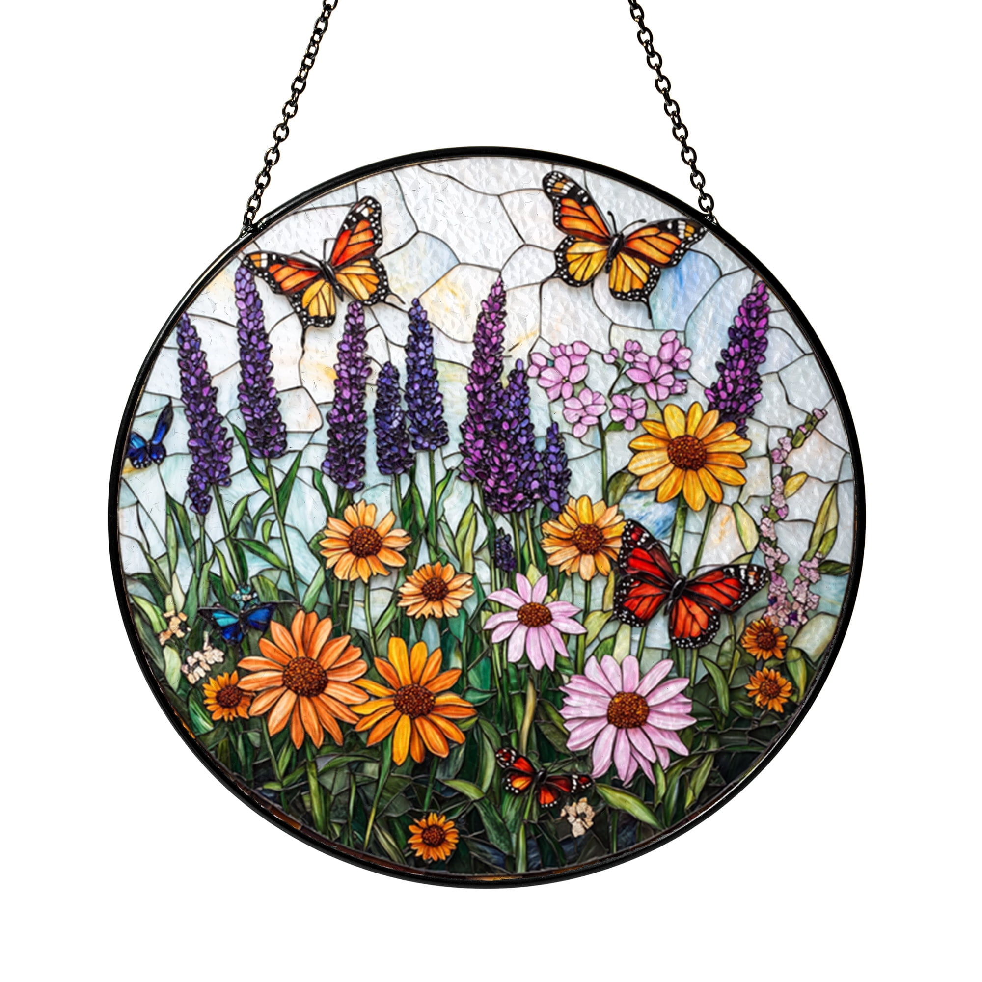 Butterfly in Lavender Field Stained Glass Window Hanging Suncatcher ...