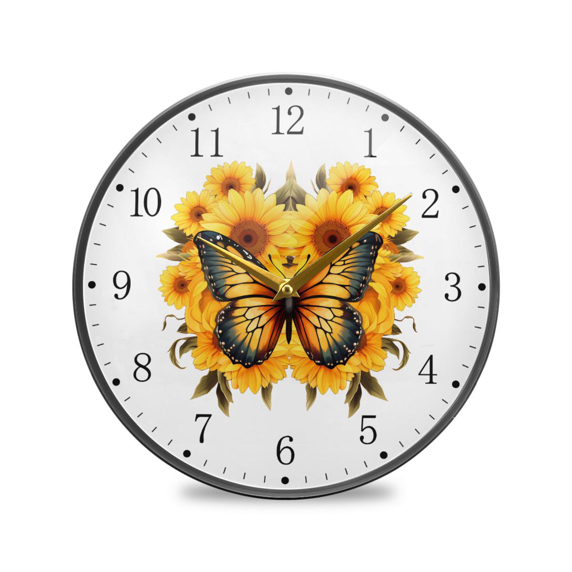 Butterfly in Sunflowers Acrylic Wall Clocks Quiet Round Clock Battery ...