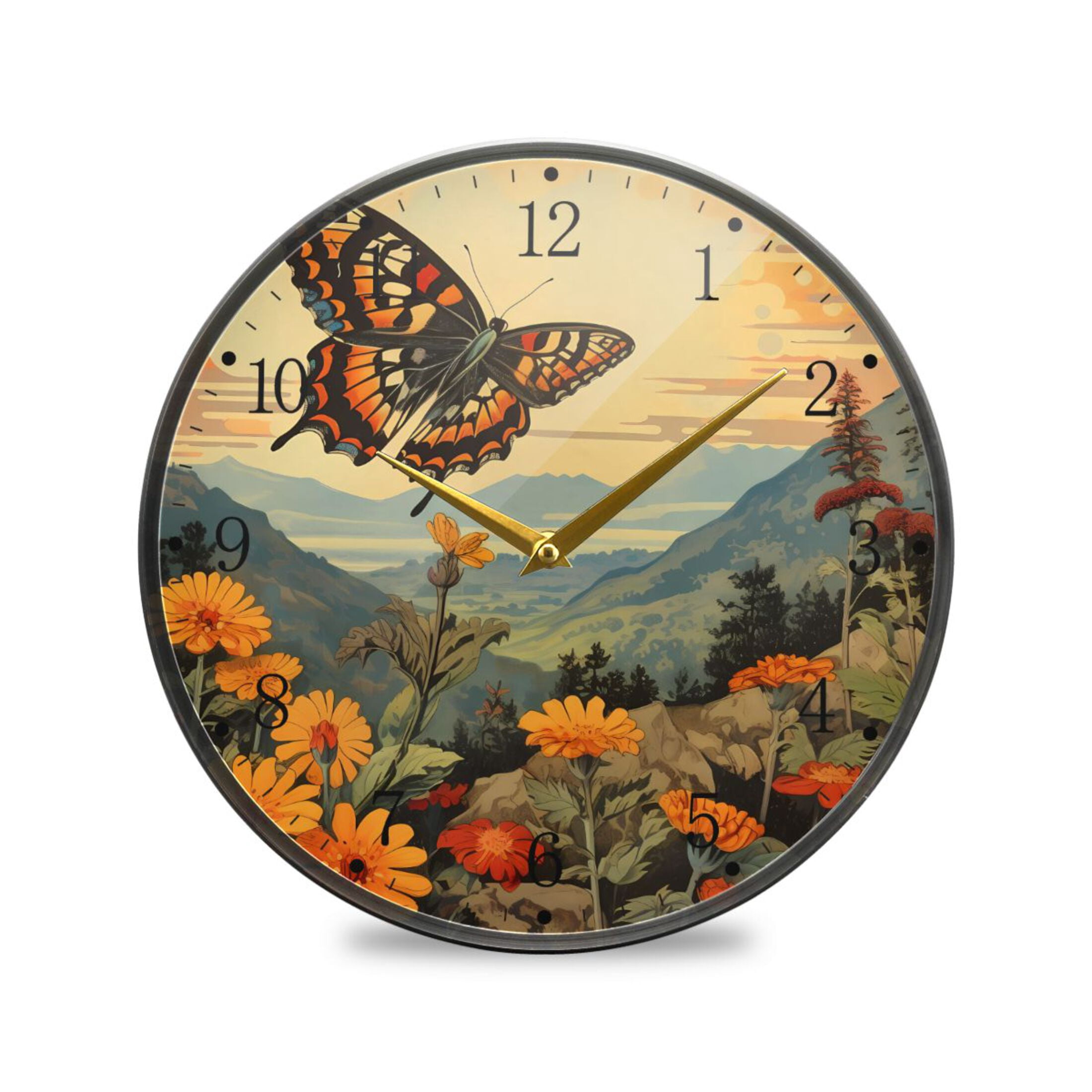 Butterfly in Sunflowers Acrylic Wall Clocks Quiet Round Clock Battery ...