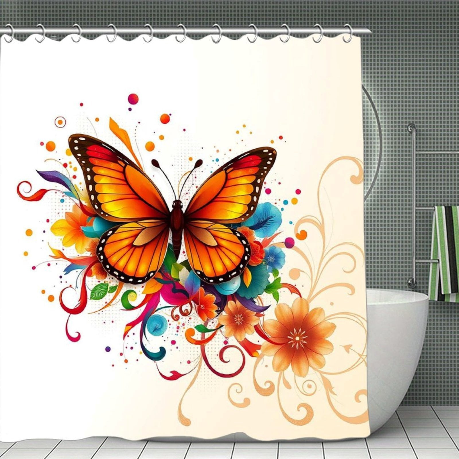 Butterfly on A Colorful Flower Shower Curtain 70.8x70.8 Inch,Bathroom ...