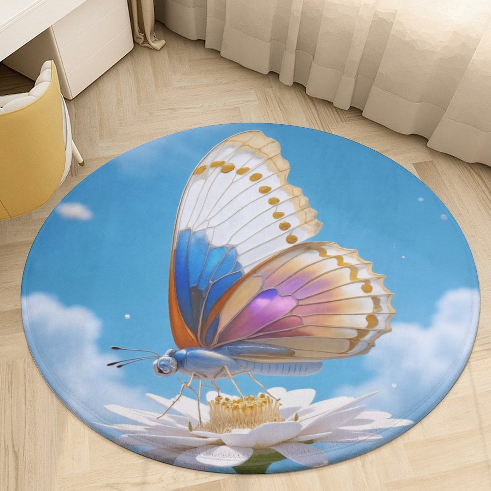 Butterfly on Daisy Flower Round Area Rugs for Bedroom Living Room, 6FT ...
