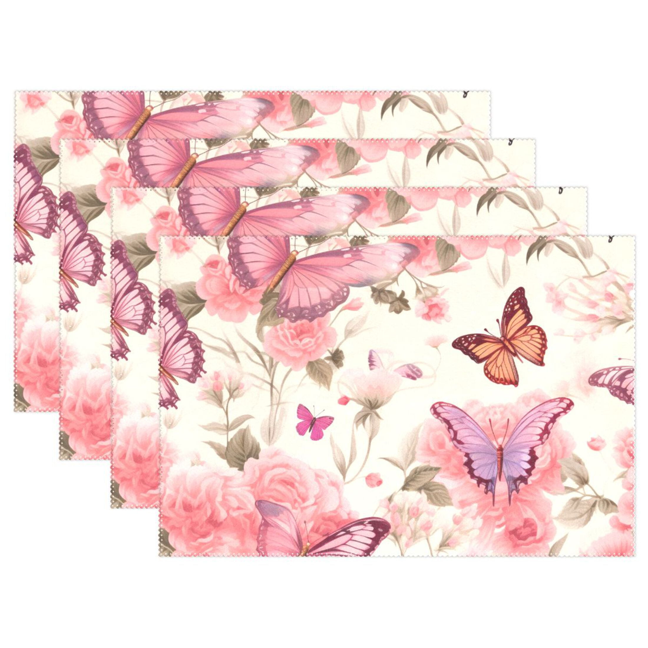 Butterfly on Flowers 4 PCs Placemats Set Linen Non-Slip Table Mat ...